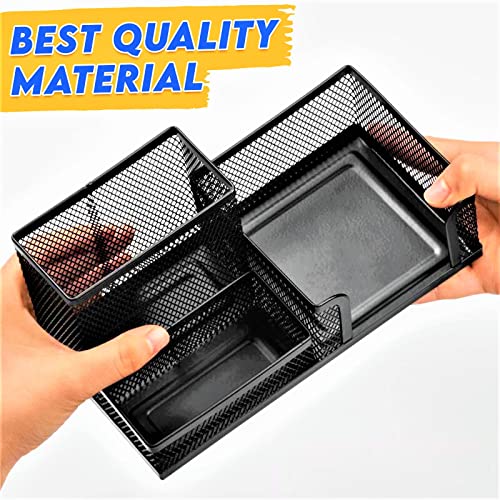 SAWYBISH 2 Pack 3 in 1 Mesh Pen Holder for Desk, 3 Compartments Pencil Holder Desk Organizer Caddy with Sticky Notes Holder Easy Storage Suitable for Home, Office and School