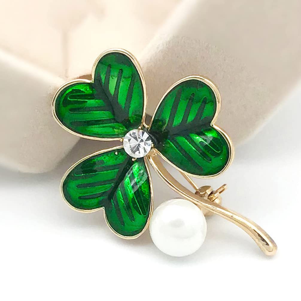 Generic Green Four Leaf Clover Pin St Patricks Day Shamrock Brooch Pin Pearl Enamel Brooch Breastpin Irish Jewelry for Party Accessory