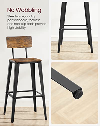 VASAGLE Set of 2 Bar Stools, Bar Height Stools, Tall Bar Stools with Back, Bar Chairs, Steel Frame, Industrial Style, Easy Assembly, Rustic Brown and Black ULBC078B01