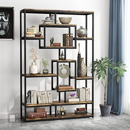 PAKASEPT 9-Shelves Bookshelf, Vintage Industrial Book Shelf Etagere Bookcase, Staggered Corner Shelf with Metal Frame Open Storage Corner Cabinet for Living Room Home Office, Retro Brown