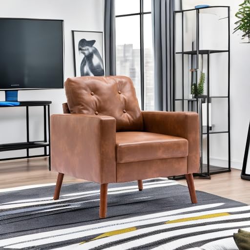 Mid Century Modern 53” Loveseat Sofa, Comfy Upholstered Button Tufted Faux Leather 2 Seater Small Sofa Couch, Lounge Sleeper Sofa Bed Love Seats for Small Spaces Living Room Apartment Bedroom, Brown