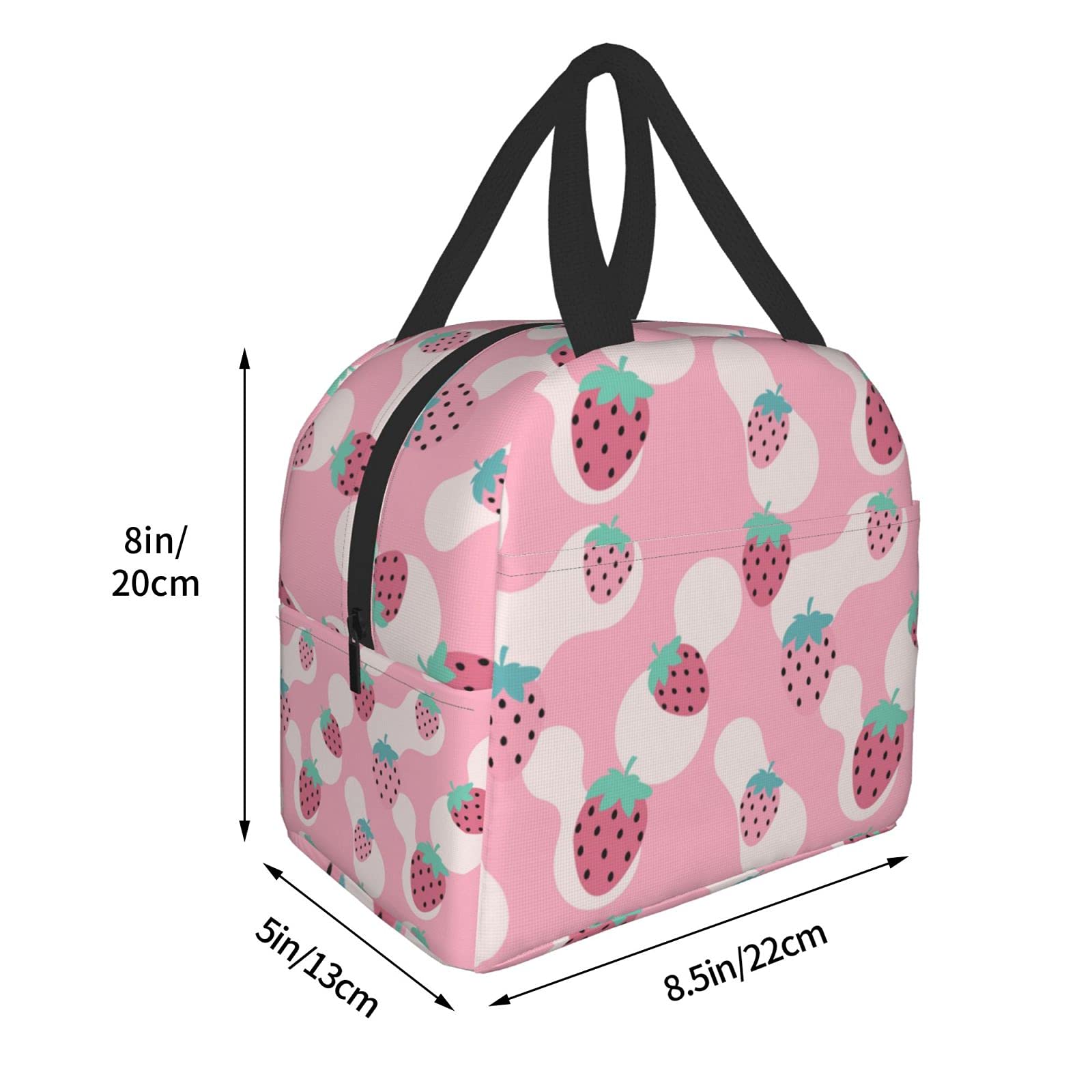 Insulated Lunch Bag Reusable Lunch Box, Cooler Lunch Tote Bag With Front Pocket for Women Men Picnic Office Work, Simple Strawberry Print