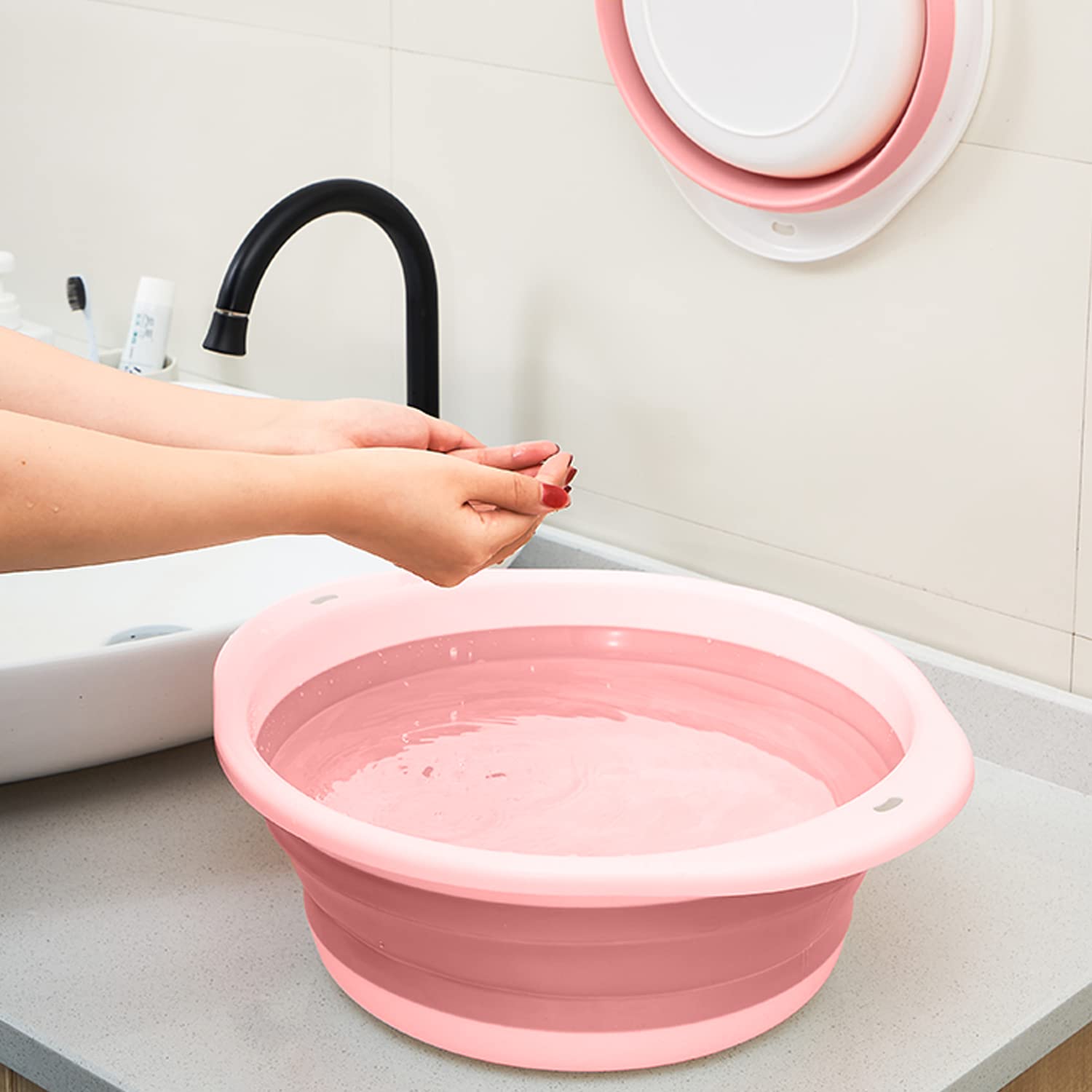 Iimin 5L Multifunctional Foldable Washbasin Collapsible Portable Wash Basin Dishpan Outdoor Travel Portable Washbasin for RV, Camping, Marine, BBQ(2Pack,Pink)