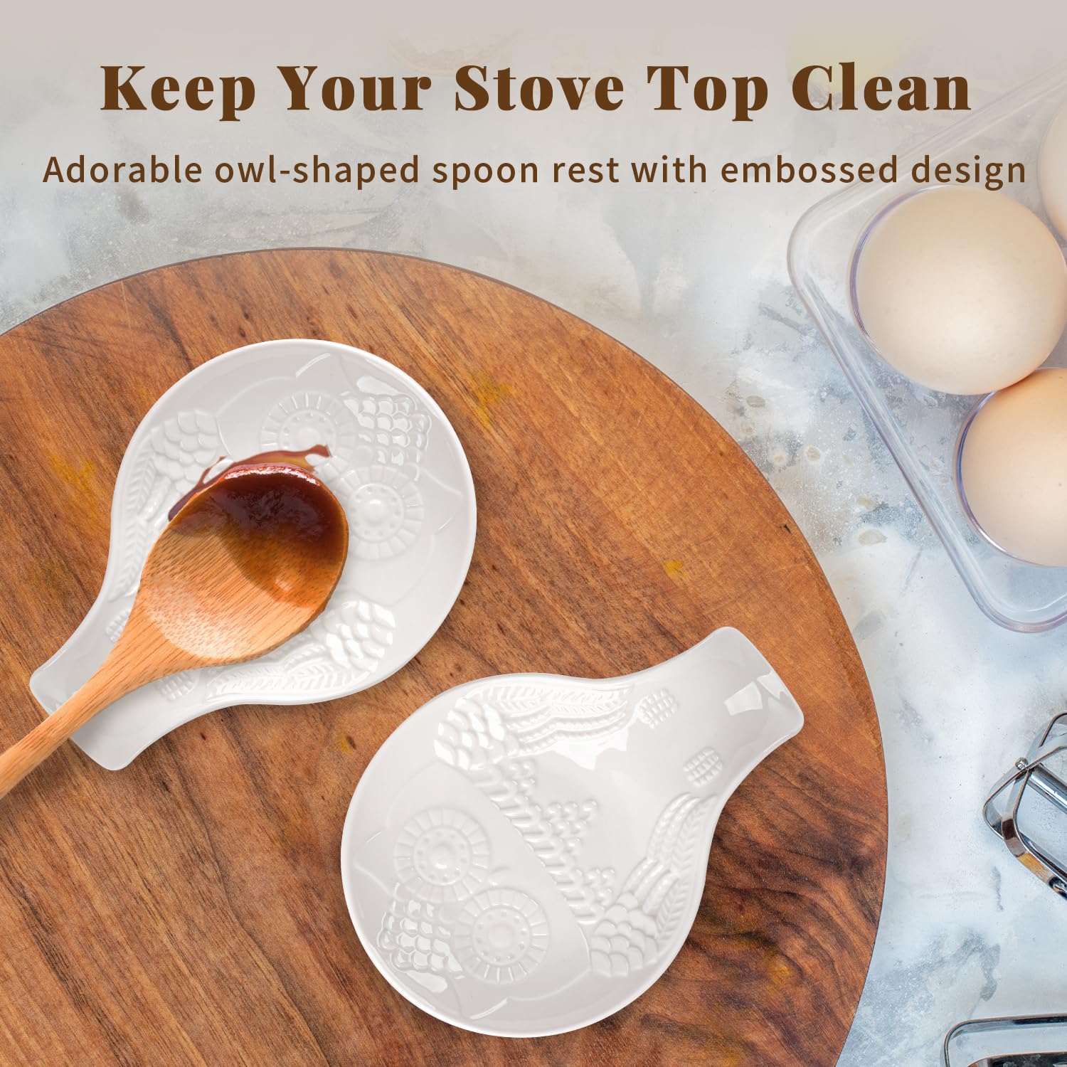 Katathani Ceramic Spoon Rest for Stove Top - Large Vintage Embossed Owl Shape Spoon Holder for Kitchen Counter,White Exquisite Coffee Spoon Rest, 1 Pack