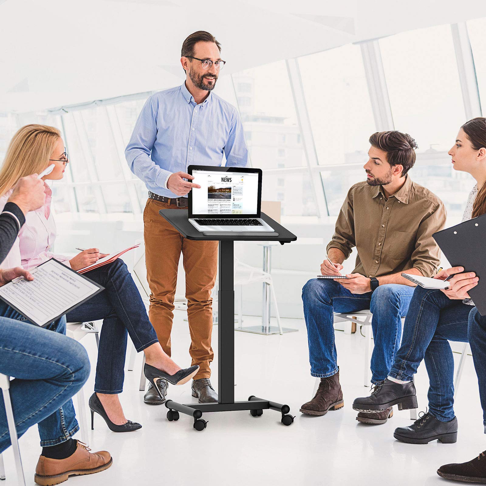 FLEXISPOT MT3 Medical Adjustable Overbed Table with Wheels Pneumatic Mobile Standing Desk Laptop Desk Rolling Computer Cart Movable Overbed Table Hospital Home Use (23.6" W x 20.5" D, Black Table)