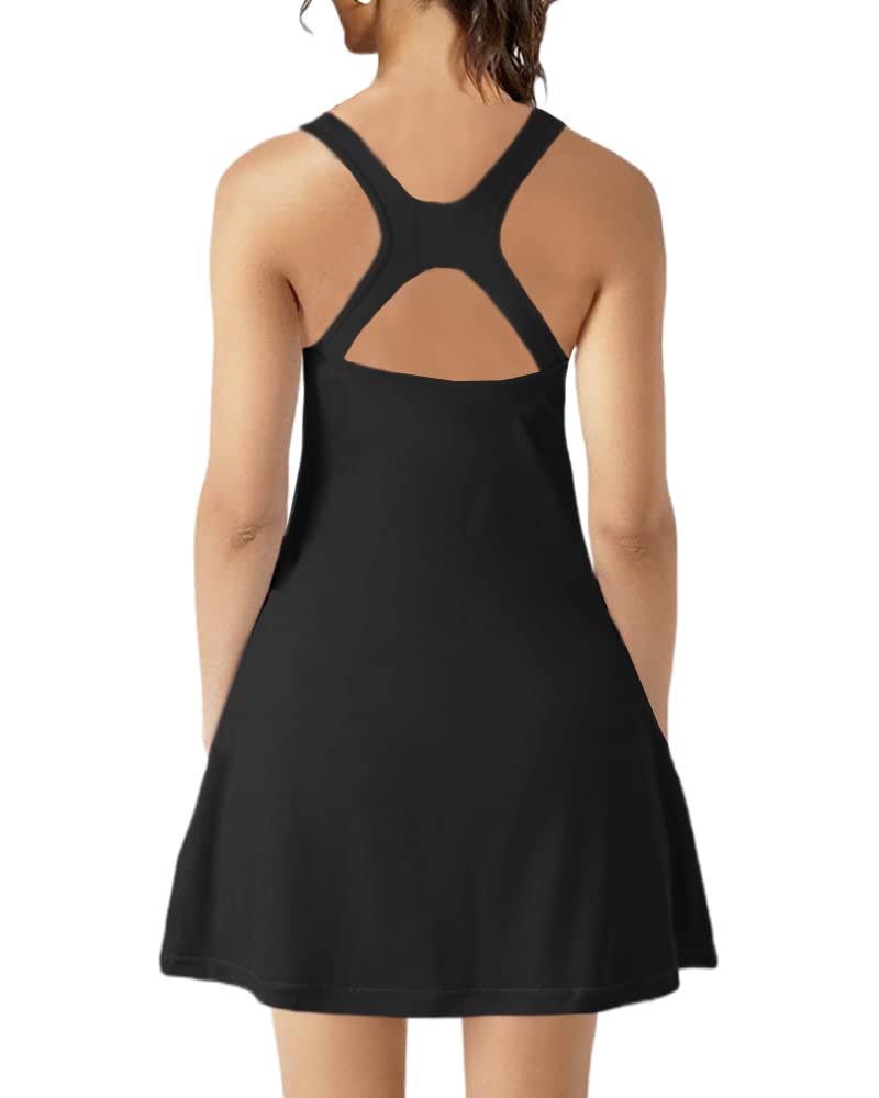Gyiefcg Womens Athletic Tennis Dresses with Shorts Sleeveless 2-1 Exercise Golf Workout Dress with Pockets Black