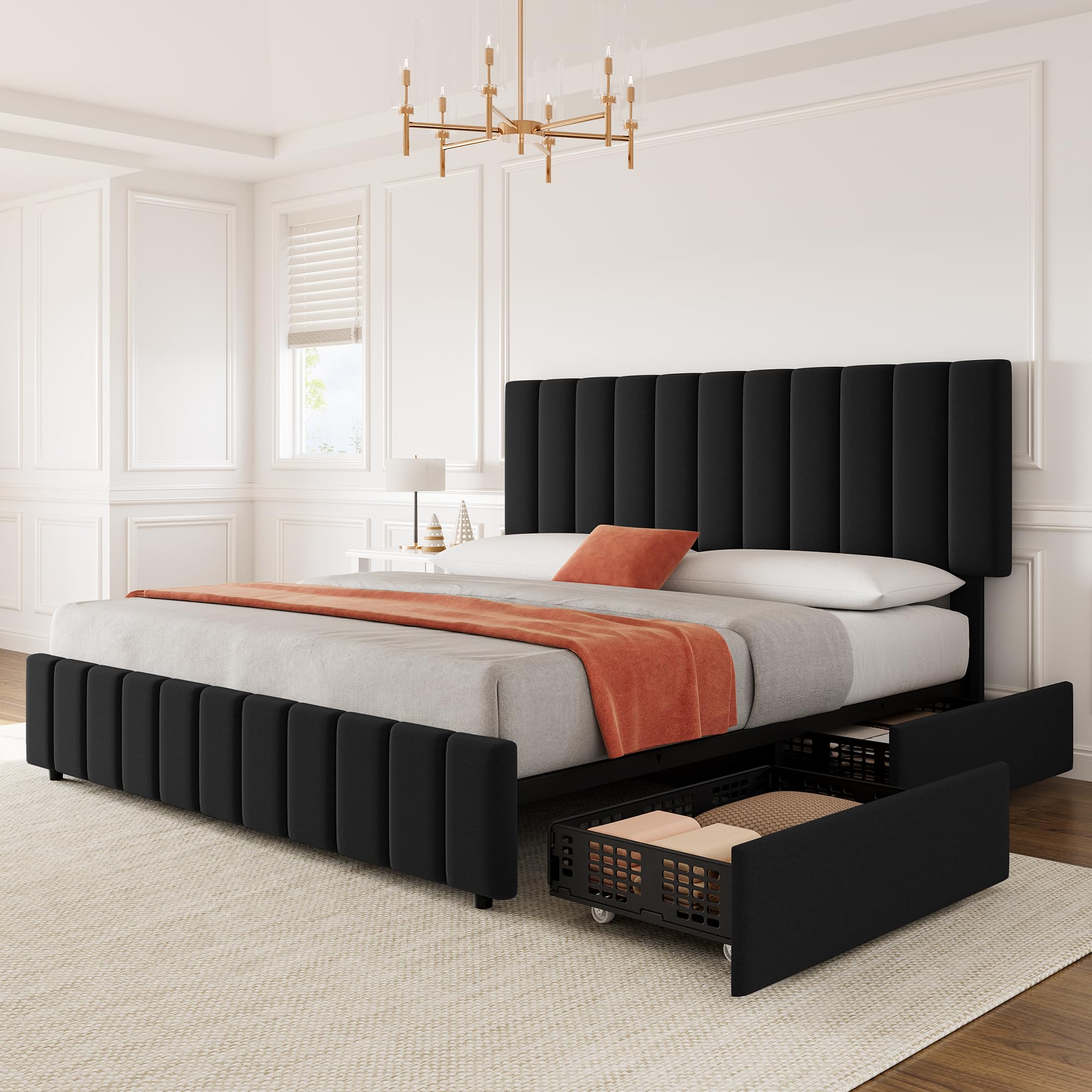 IDEALHOUSE Queen Size Bed Frame with 4 Storage Drawers and Adjustable Headboard, PU Leather Upholstered Platform Bed Frame with Wooden Slats Support, No Box Spring Needed, White
