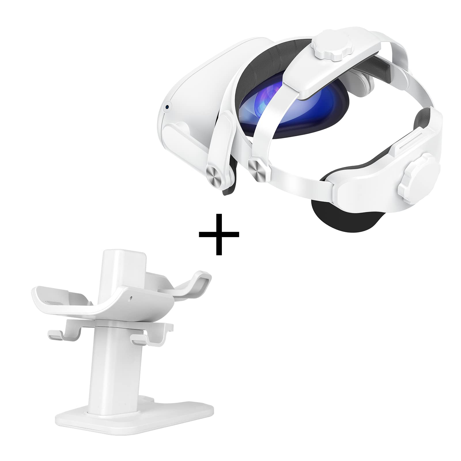 Head Strap & VR Stand for Oculus Quest 2, Replacement Adjustable Strap for Quest 2 Elite Straps, VR Stand Display Holder and Controller Mount Station, White