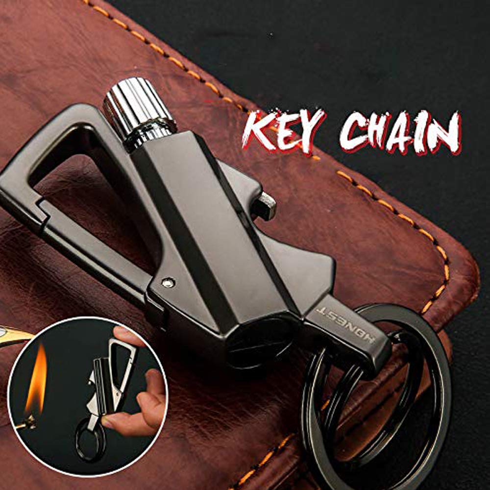 Flint Metal Permanent Match Fire Starter and Bottle Opener Car Keychain Kerosene Fillable Lighter Gift Male Female Outdoor(Kerosene not Include) (Black)