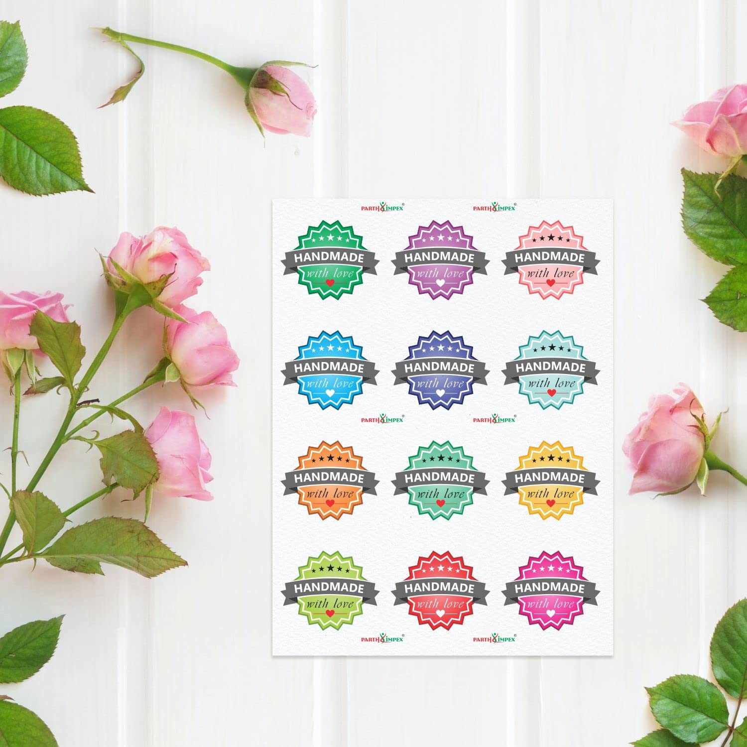 Handmade with Love Stickers - (Pack of 300) 2.2" x 1.7" Large in Sheets Essential Small Business Labels for Packaging Gift Envelopes Seals Boxes - Multi Color
