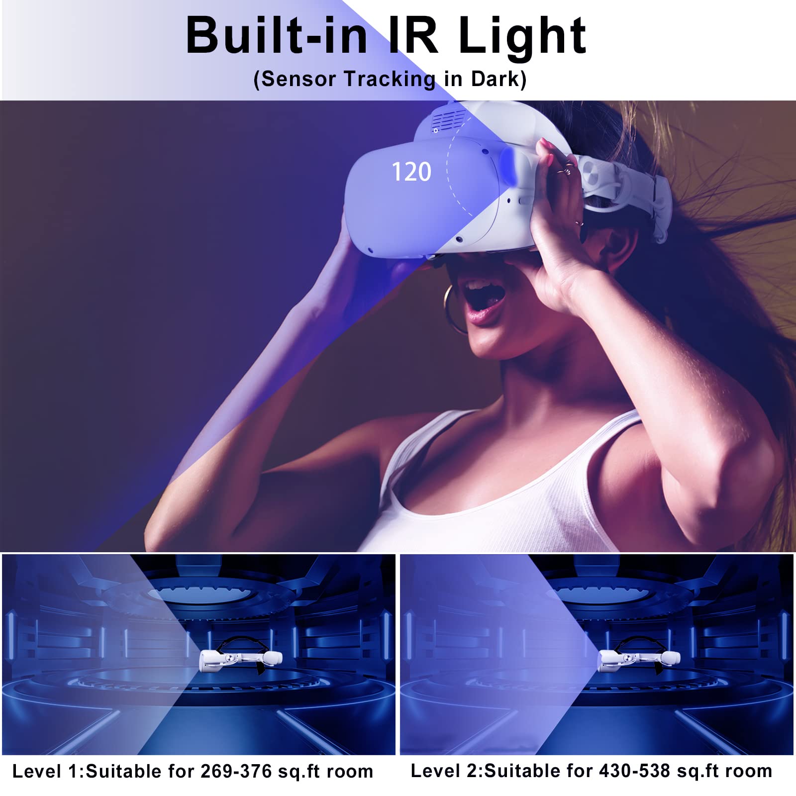 Head Strap for Oculus/Meta Quest 2, 10000mah Replaceable Battery, Infrared Light for Sensor Tracking in Dark, Magnetic Connection and Lightweight Design