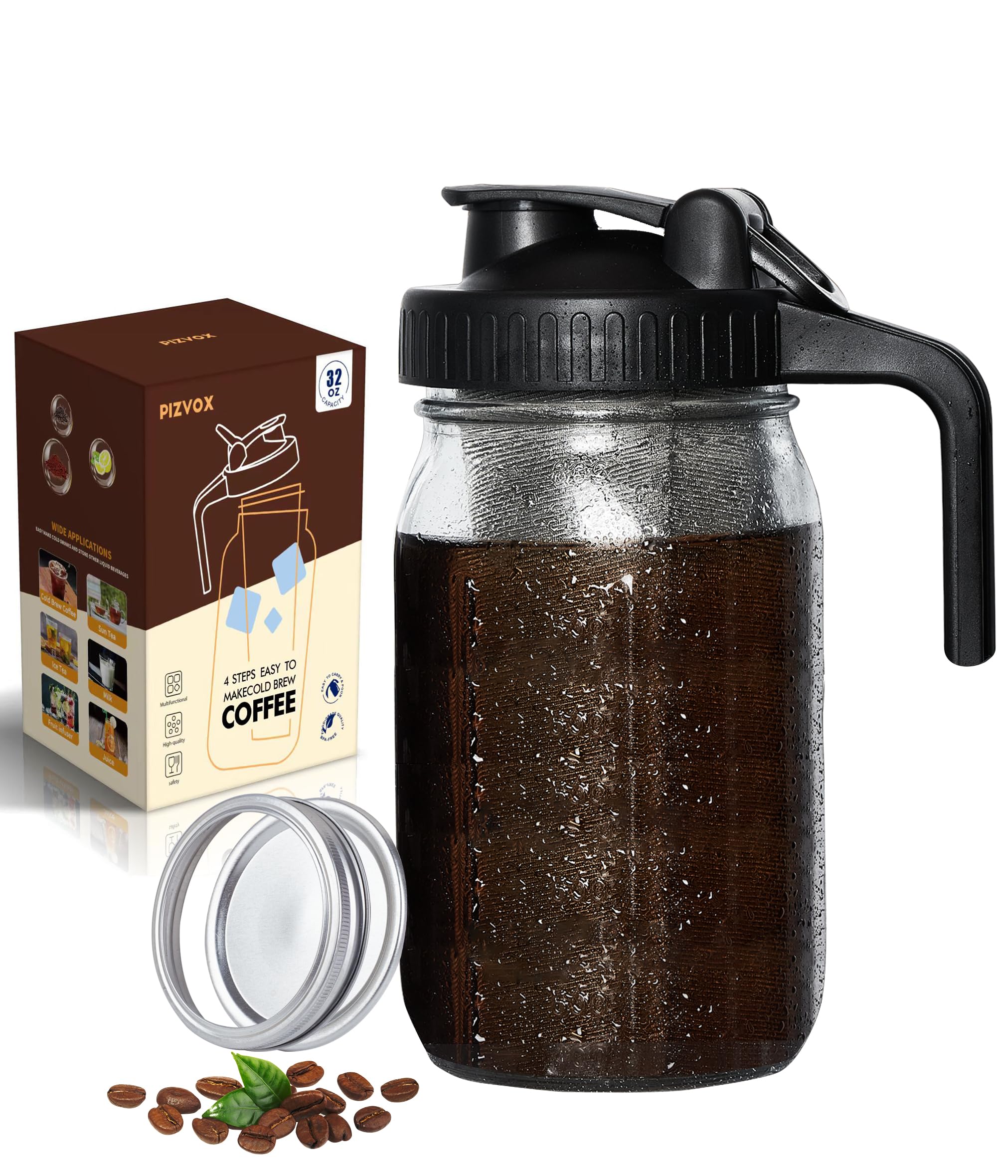 PIZVOXCold Brew Coffee Maker Pitcher, 32 oz Thick Glass Mason Jar Spout Lid with Handle & Stainless Steel Filter for Iced Brew Coffee, Ice Lemonade, Sun Tea, Fruit Drinks Container