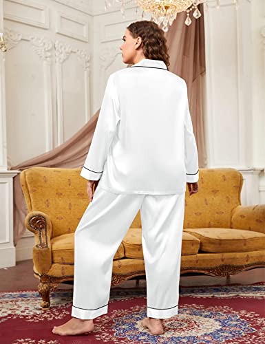 SWOMOG White Pajama Set for Plus Size Women Silk Satin Pajamas Long Sleeve Pjs Button-Down Pj Set Soft Sleepwear Set 22W