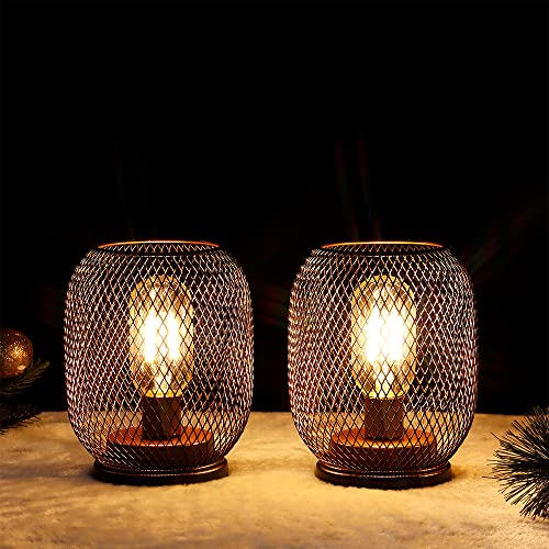 JHY DESIGN Set of 2 Metal Cage LED Lantern Battery Powered,Cordless Accent Light with LED.Great for Weddings,Parties,Patio,Events for Indoors Outdoors(Round Shape