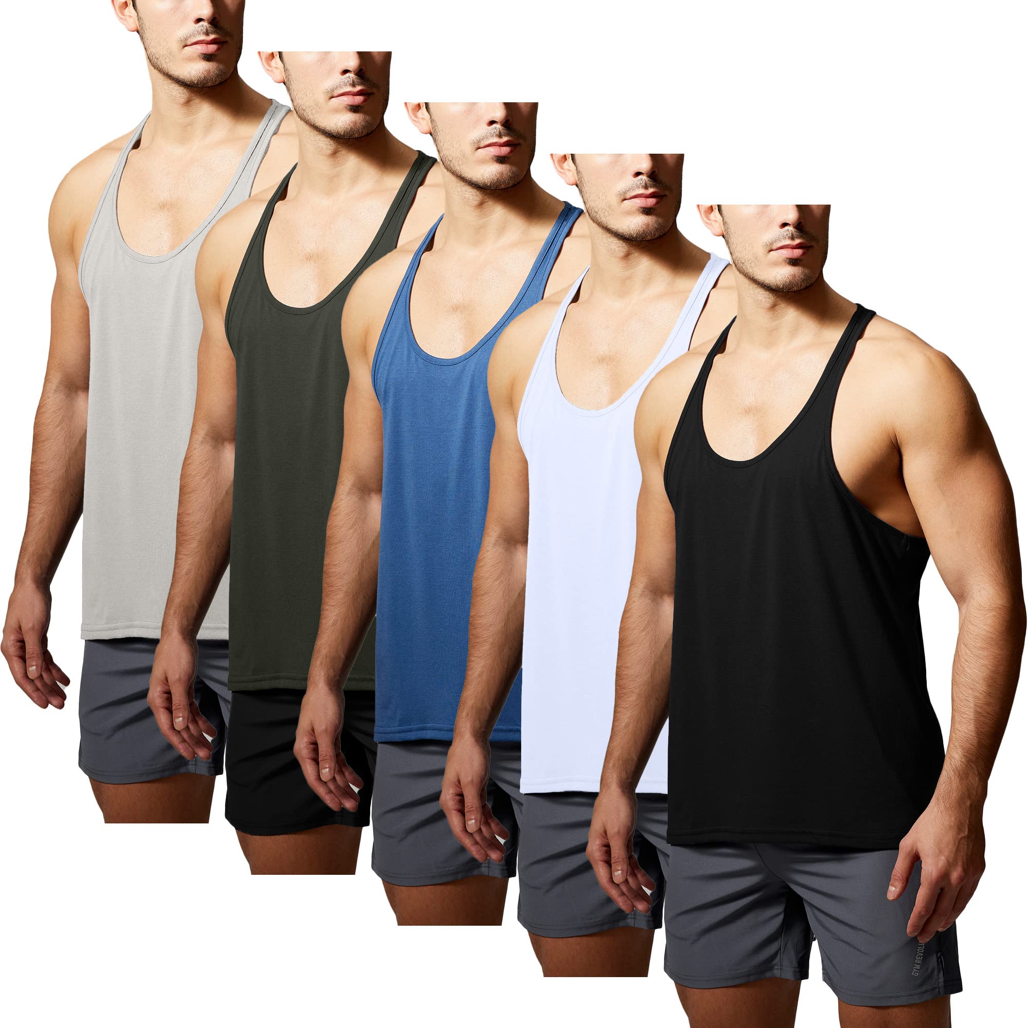 GYM REVOLUTION Men's 5 Pack Athletic Stringer Muscle Y Back Workout Racerback Fitness Tank Tops Black White Blue Green Grey M