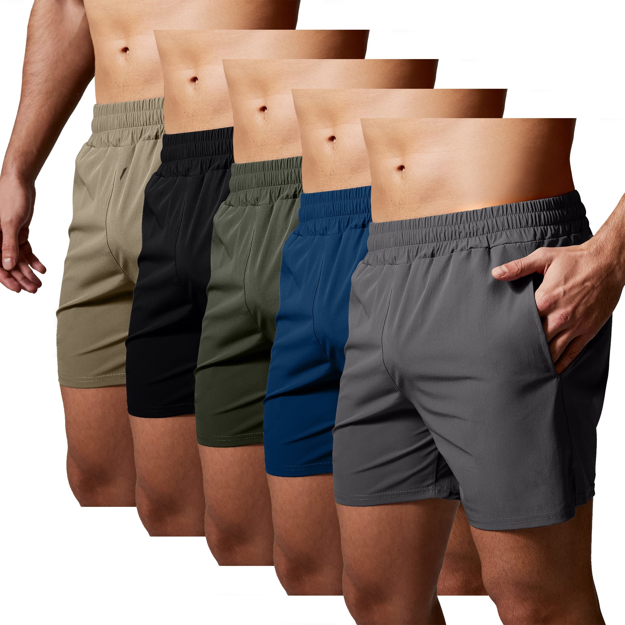 GYM REVOLUTION Men's 5 Pack Workout Running Quick Dry Gym Training Shorts with Zipper Pockets Black Dark Grey Navy Blue Army Green Khaki XL