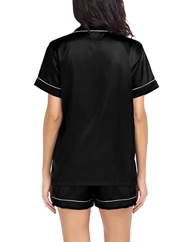 SWOMOG Woman Silk Pajamas Sets Button-Down Satin Loungewear Sleepwear 2 Pieces PJs Sets Cute Bridemide Mightwear Black
