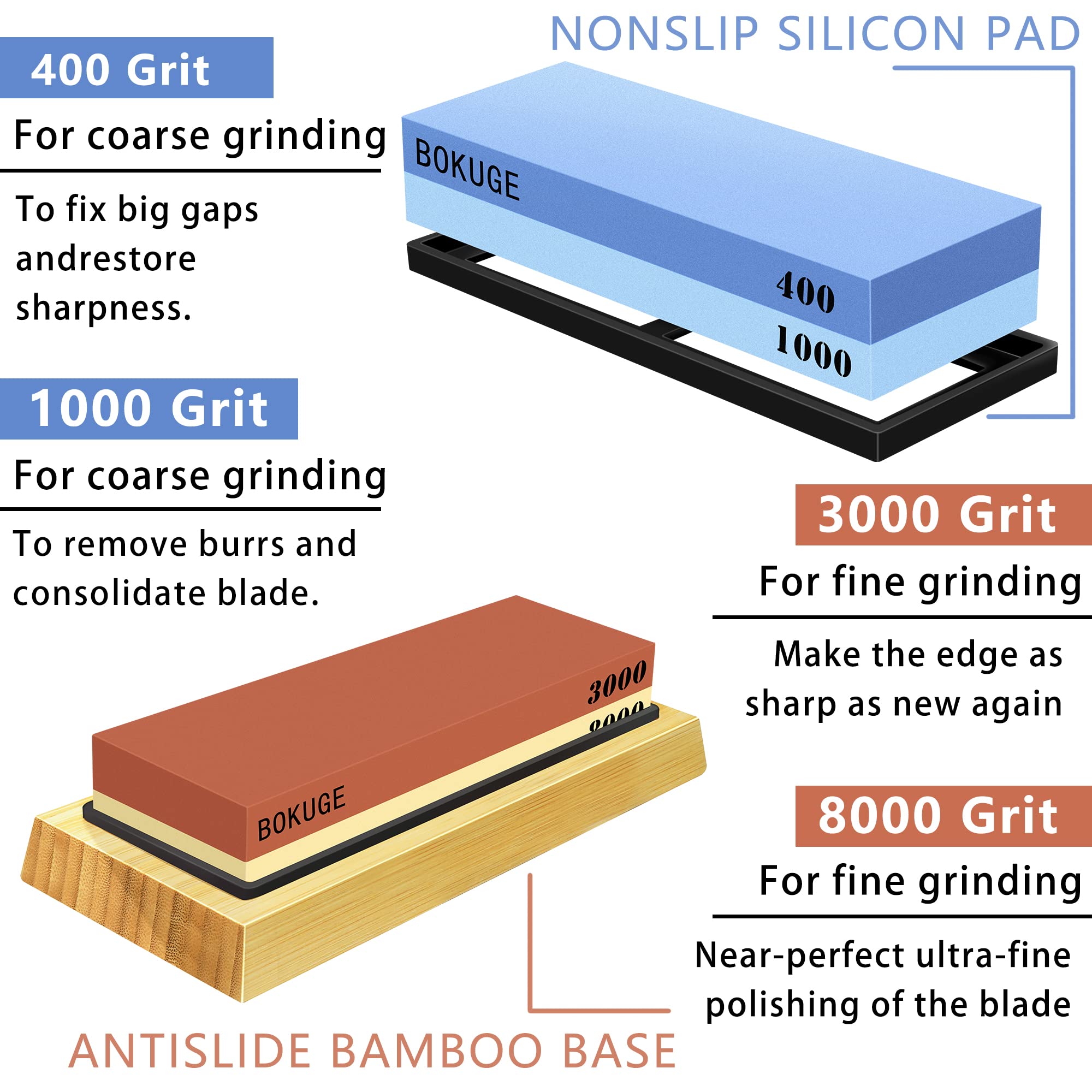 Knife Sharpening Stone, BOKUGE Professional Whetstone Knife Sharpener, 4 Side Grit 400/1000 3000/8000, Complete Knife Sharpening Kit with Non-Slip Bamboo Base, Honing Guide, Polishing Combination
