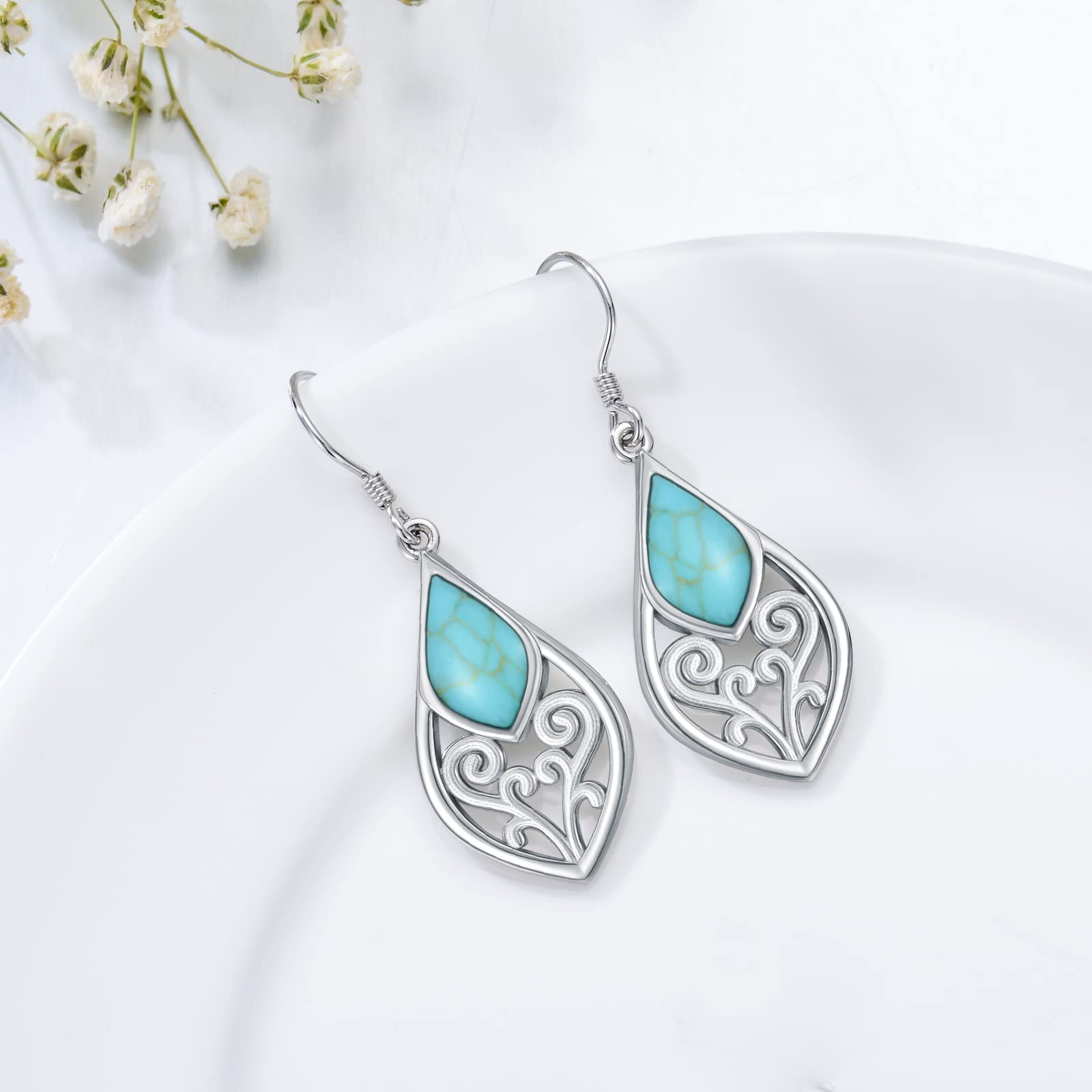 Genuine Turquoise Earrings 925 Sterling Silver Filigree Dangle Earrings for Women
