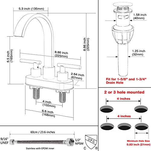 TRUSTMI Bathroom Faucet Matte Black 2 Handle Lavatory Basin Sink Faucet Swivel Waterfall 4 Inch Centerset Vanity Faucet with Overflow Pop Up Drain Assembly