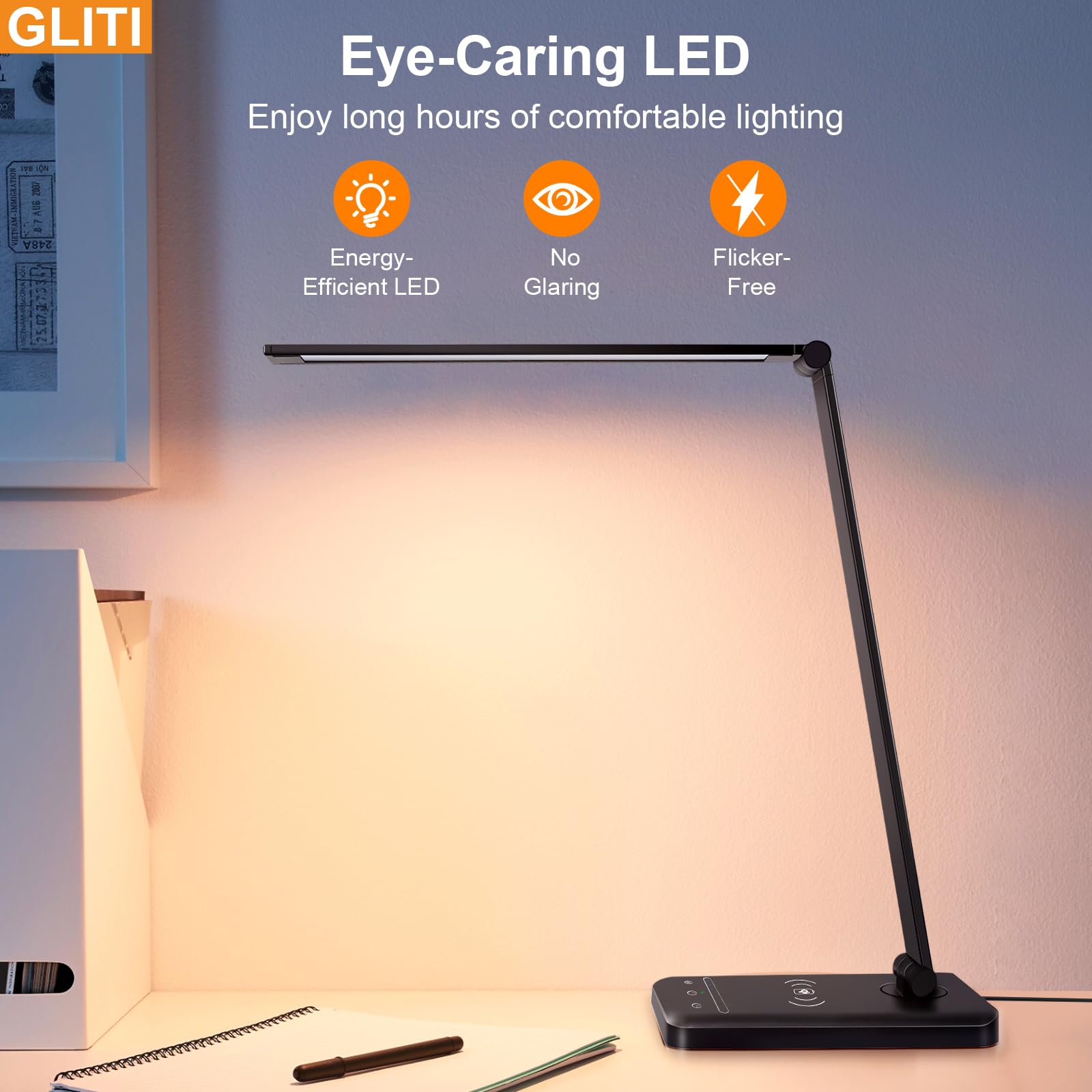 GLITI LED Desk Lamp with Wireless Charging,Dimmable Desk Light, 5 Light Colors, 6 Brightness Levels, Touch Control Table Lamp with USB Rechargeable, Auto Timer, for College Dorm, Home, Office