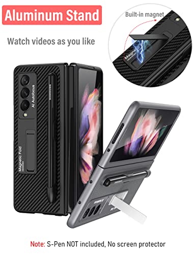 KumWum Phone Case for Samsung Galaxy Z Fold 3 5G Ultra-Thin Back Cover Protection Shockproof Bumper with S Pen Holder & Kickstand - Carbon Fiber