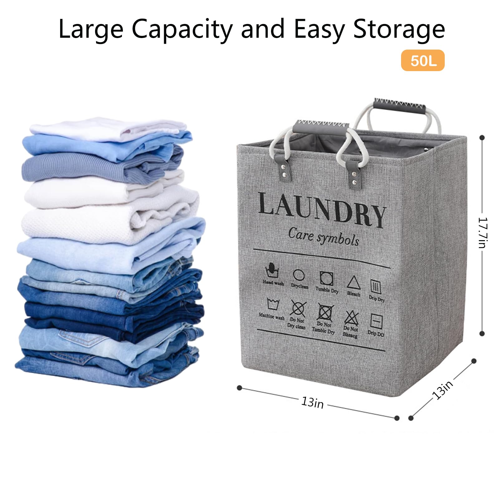 MLUUHK Small Laundry Basket, 50L Foldable Laundry Hamper Organizer with Handles, Fashion Portable Laundry Basket in Bedroom, Laundry Room, Closet, Bathroom, College Dorm (Light Gray)