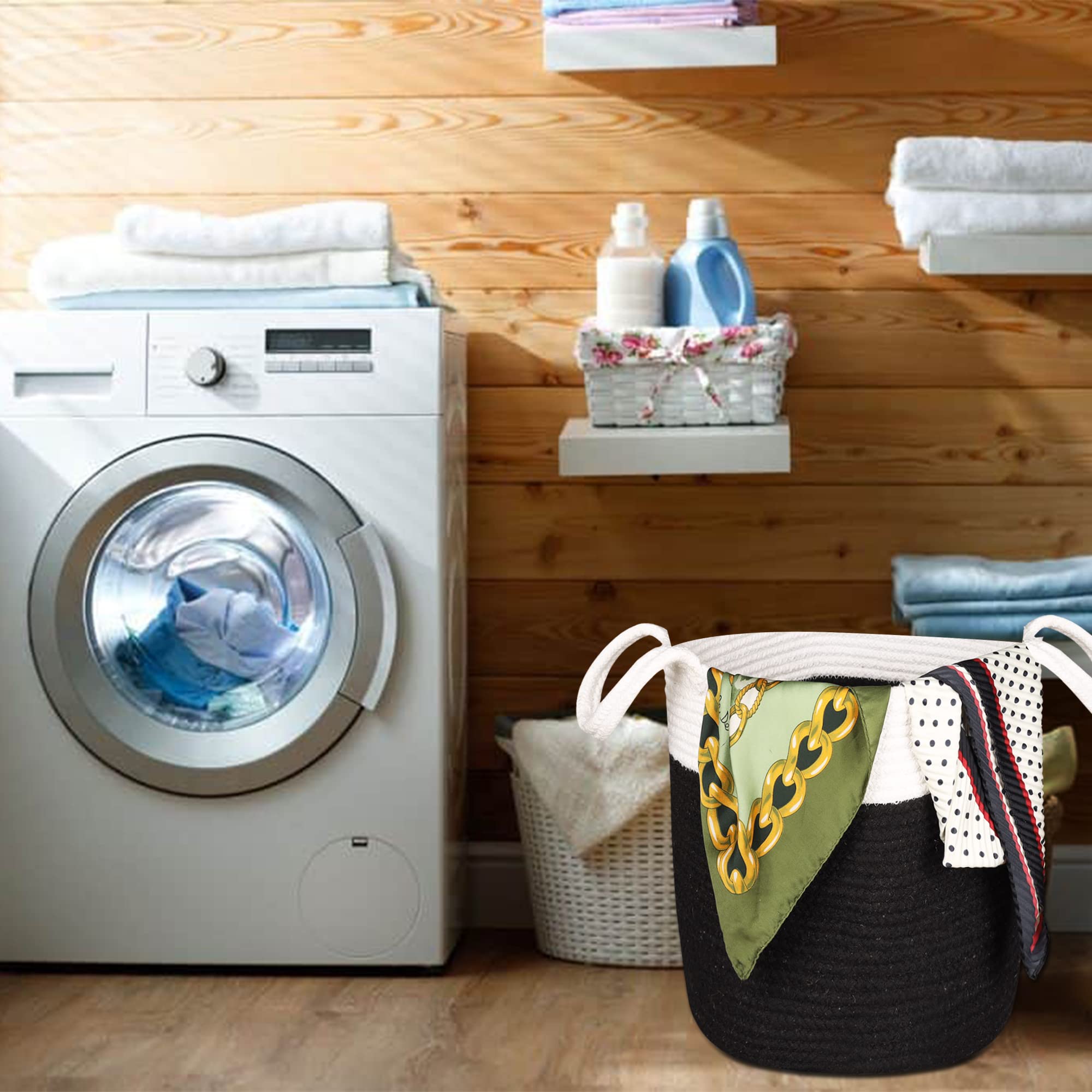 Handwoven Round Rope Basket with Handle made from Recycled Cotton, 11.81 x 11.81 x 11.81 inches Round Storage Baskets for Towel, Toys, Diaper, Foldable Laundry Basket, Black White