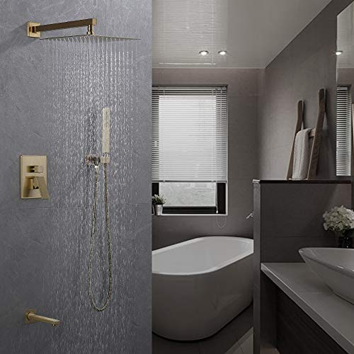 Iriber Champagne Bronze Rain Shower System with Waterfall Tub Spout 3 Function Brush Gold Shower Faucet Set Contain 12 Inch Shower Head and Handheld Brushed Brass Shower Trim Kit (Valve Included)