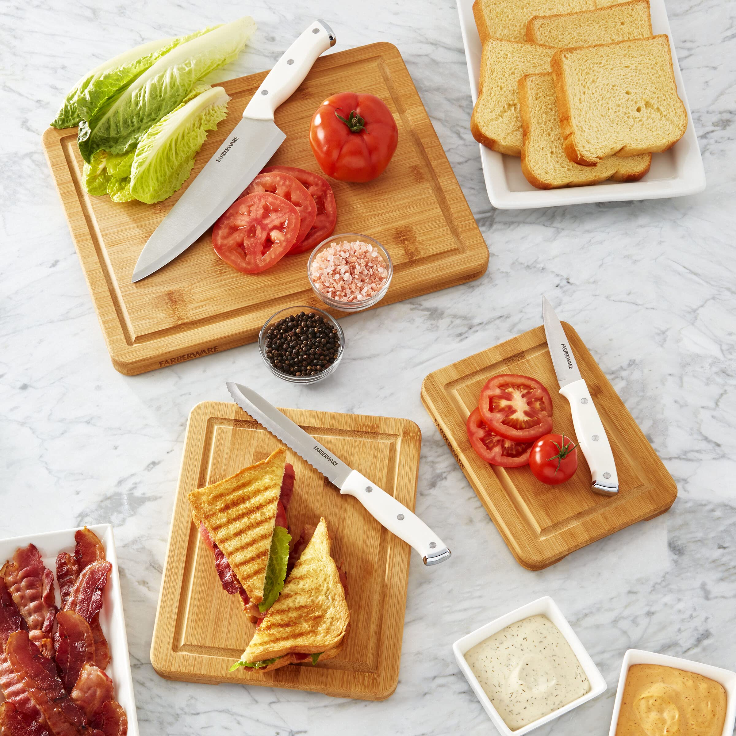 Farberware Bamboo Cutting Board Set With Juice Groove and Handles, 3-Piece, Natural