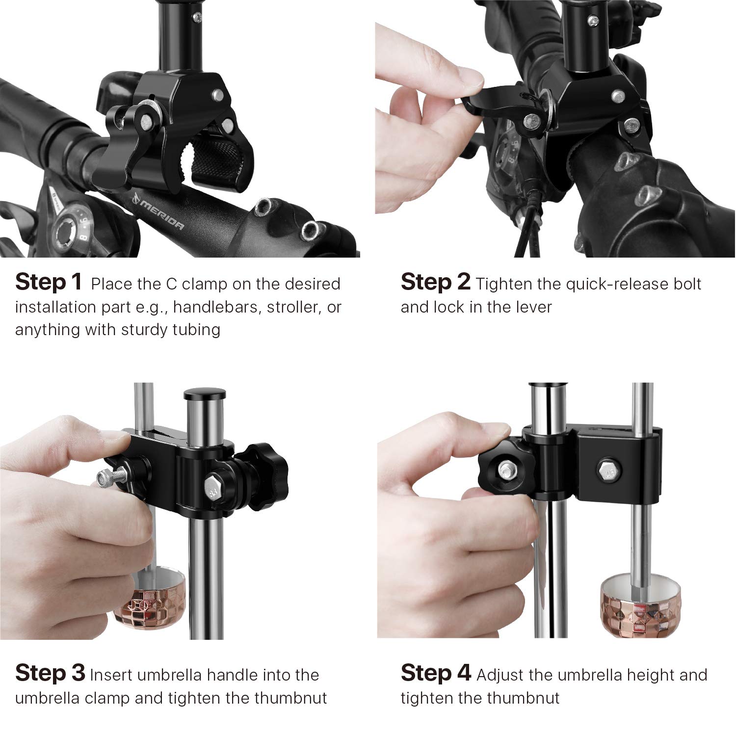 Flexzion Bicycle Umbrella Clamp Holder Mount Stand Handlebar Wheelchair Umbrella Universal Clamp Connector Frame Stroller Umbrella Attachment Quick Mount Dismount Adjustable Durable Length Tube Handle