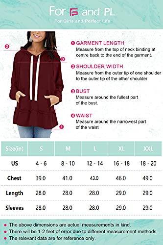 For G and PL Women Loose Ruffled Hem Raglan Hoody Long Sleeve Babydoll Solid Tiered Sweatshirt with Pocket Maroon XXL