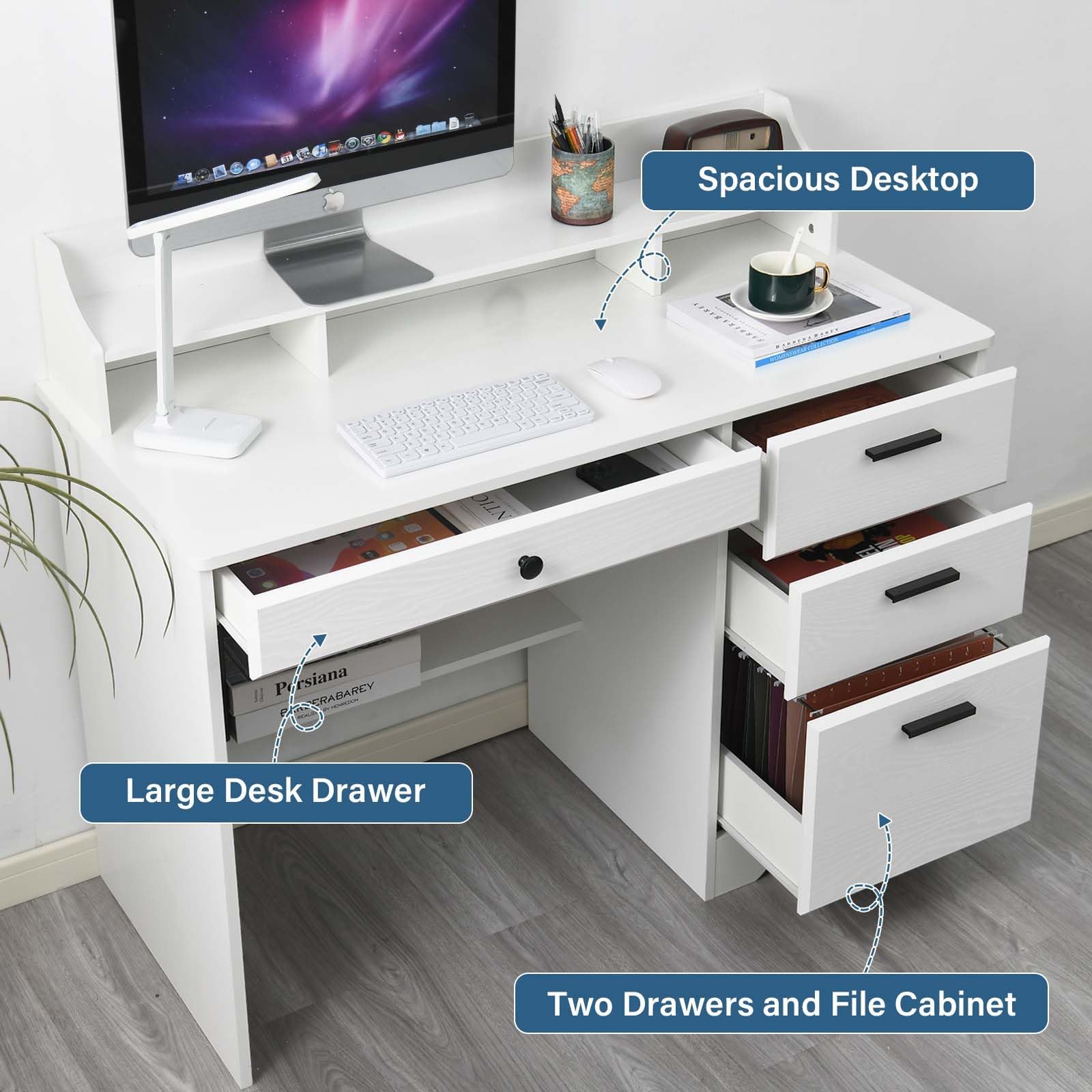 MaverickFurni White Desk with 4 Drawers, Computer Desk with Drawers and Hutch&Shelf, Wood Writing Home Office Workstation, Student Desks for Bedooms with Drawers, 38.2” H x20.5” D x44” W - White