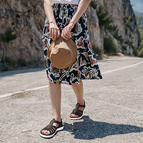 HARENCE Flat Sandals for Women Sandals with Arch Support Comfortable FootBed Orthopedic Sandals Elastic Ankle Strap Summer Casual Non Slip Walking Shoes