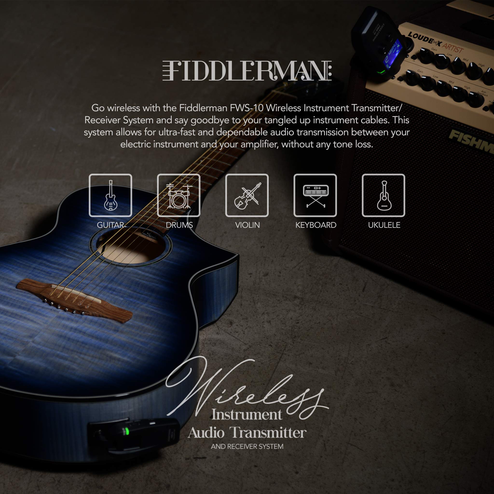 Fiddlerman Wireless Instrument Audio Transmitter and Receiver System With Rechargeable Built-in Lithium Batteries FWS-10