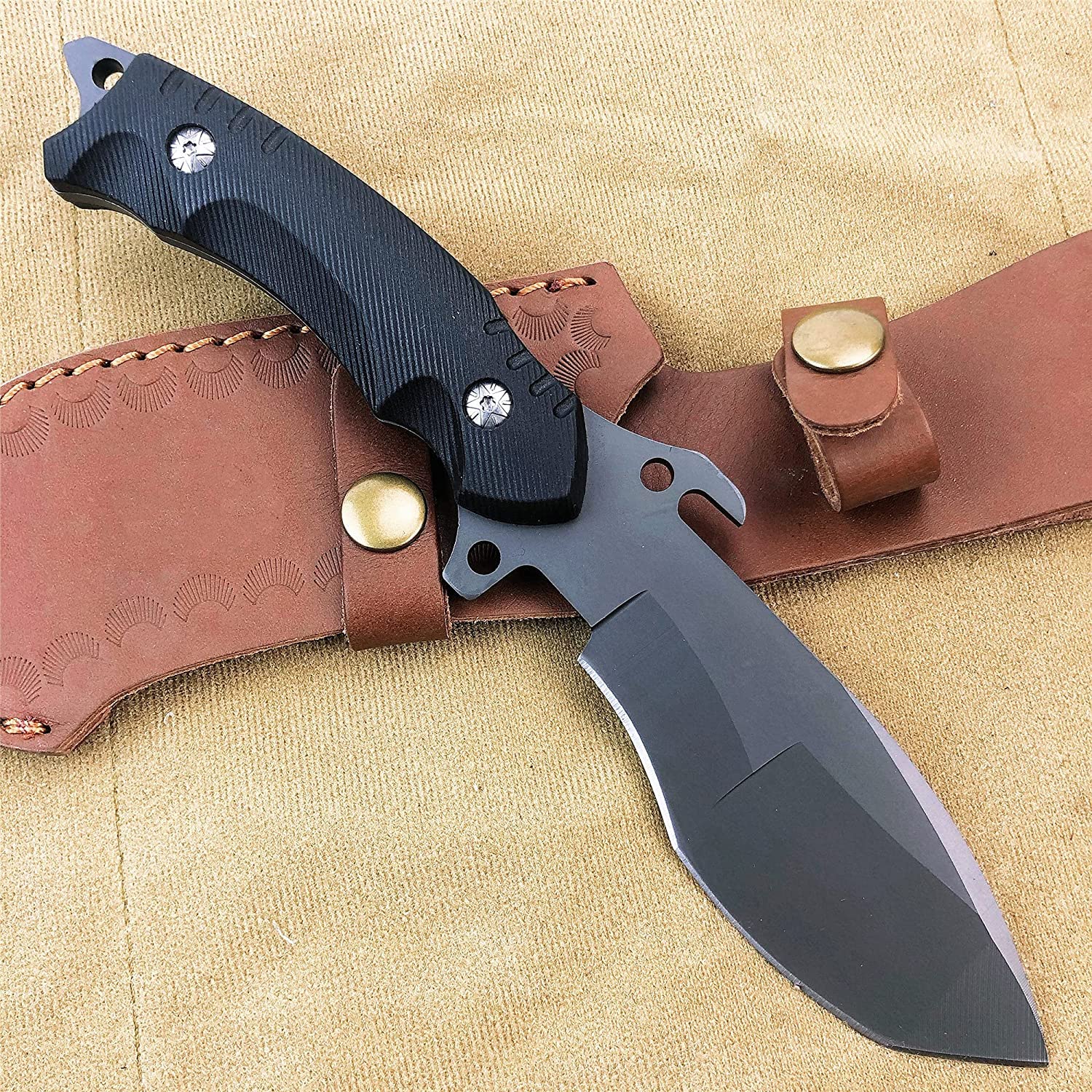 HOLYEDGE Outdoor Survival Tactical Gear Fixed Blade Knife G10 Handle 9.8-inch Wilderness Essential Hunting Camping Knives with Cowhide Sheath