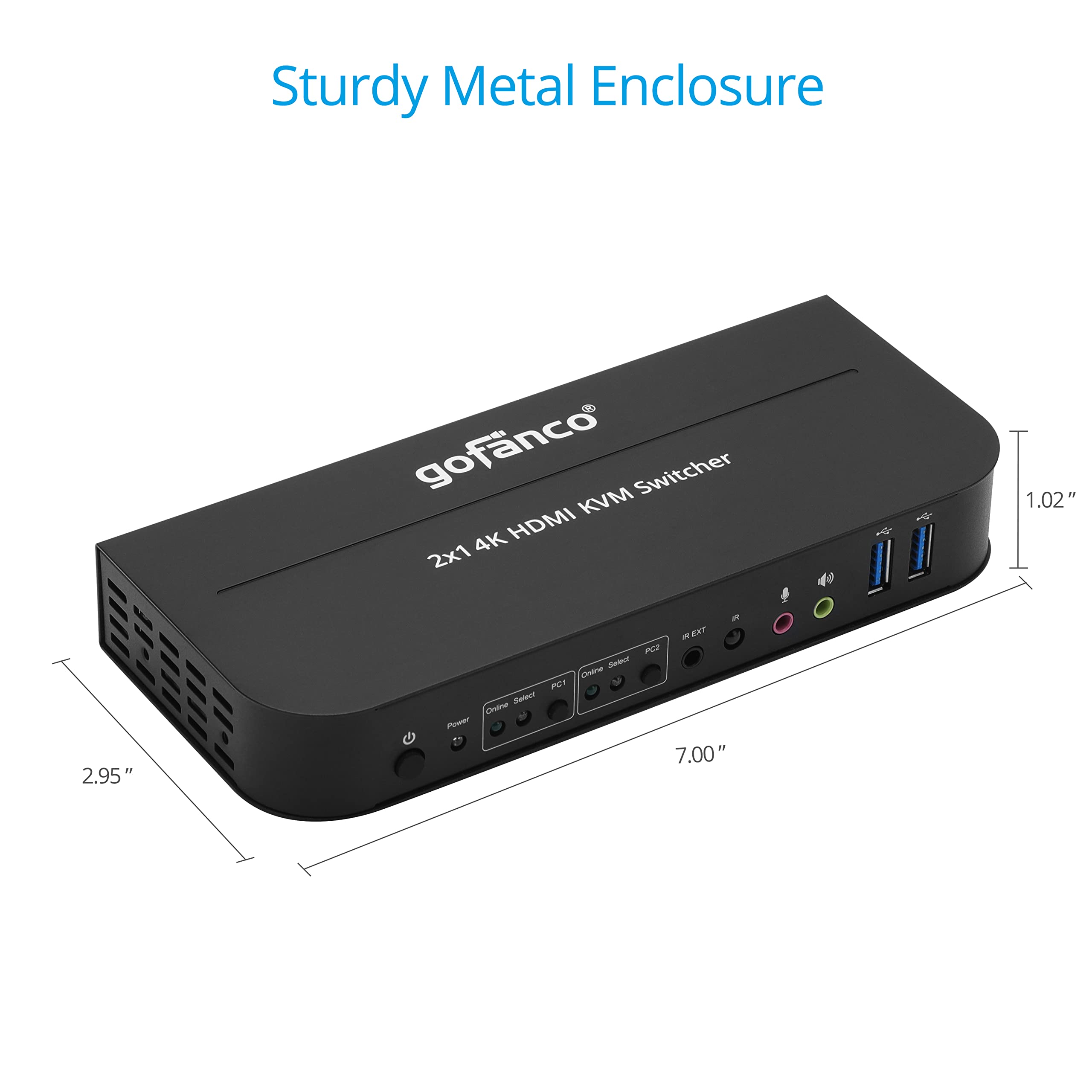 gofanco 4 Port HDMI KVM Switch with USB 3.0 – 4K @60Hz 4:4:4, 18Gbps, HDR, 3D, HDCP 2.2/1.4, USB Keyboard/Mouse, USB 3.0 Hub, MIC in, Stereo Out, IR Remote, Hotkeys (KVMHD2-4P)