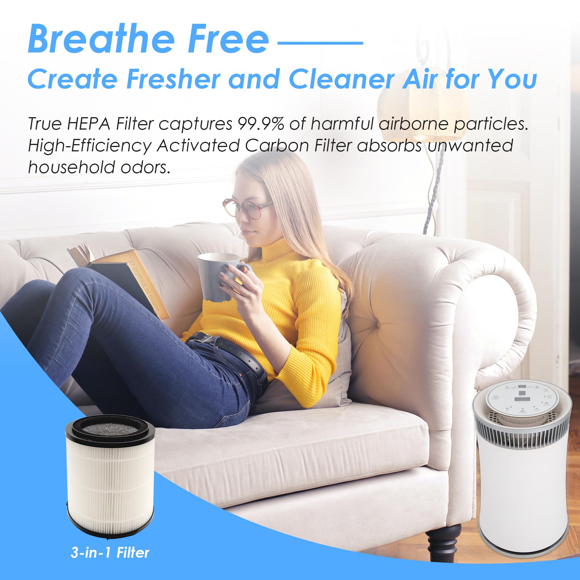 Flintar H13 True HEPA Replacement Filter, Compatible with SilverOnyx 5-Speed Air Purifier KJ150F-C02, 3-in-1 H13 Grade True HEPA filter, For Large Room 500 sq ft (2-Set)