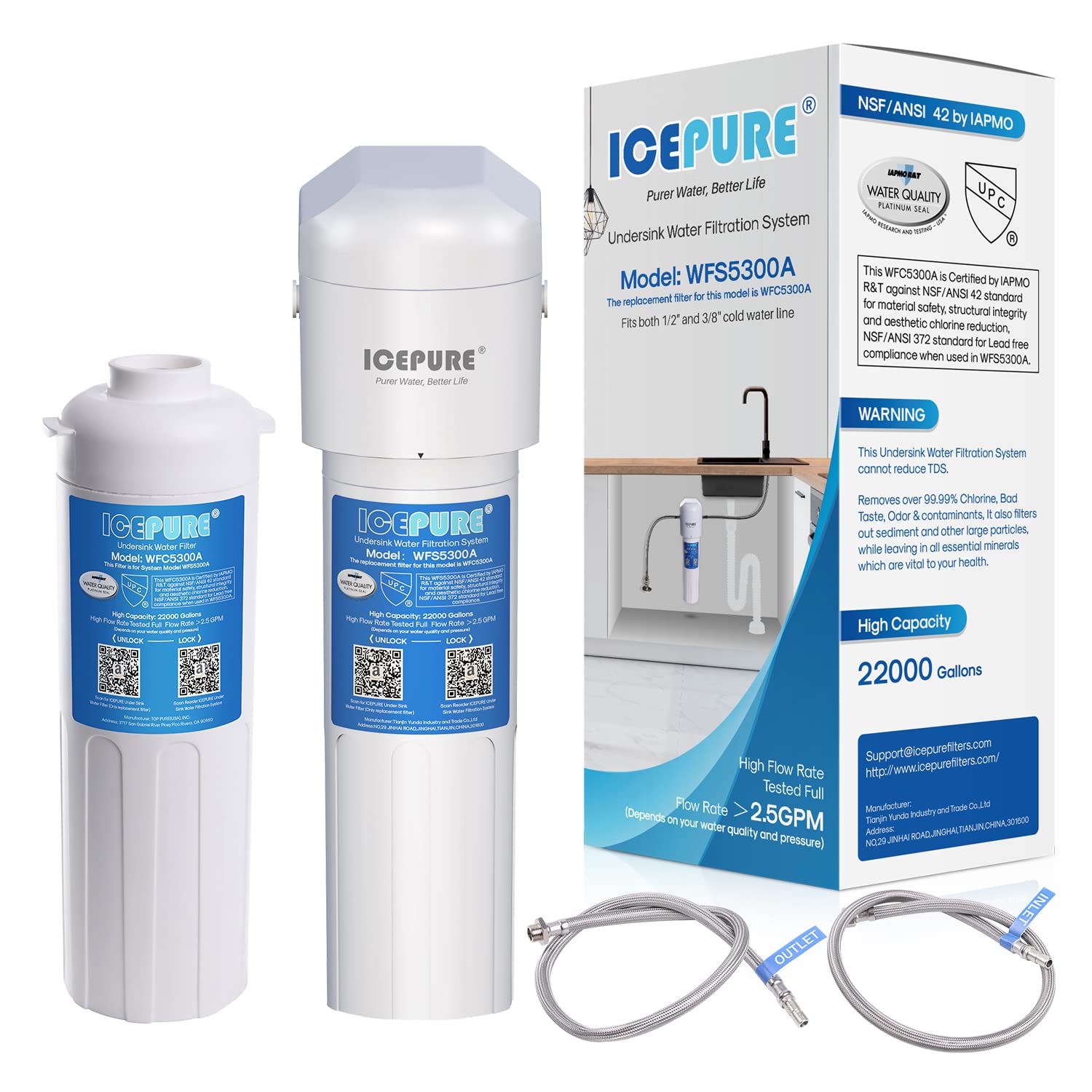 ICEPURE Under Sink Water Filter System, 3 Years or 22K Ultra High Capacity, NSF/ANSI 42 Certified, Direct Connect Under Counter Drinking Water System, 0.5 Micron, with an Extra Replacement Filter
