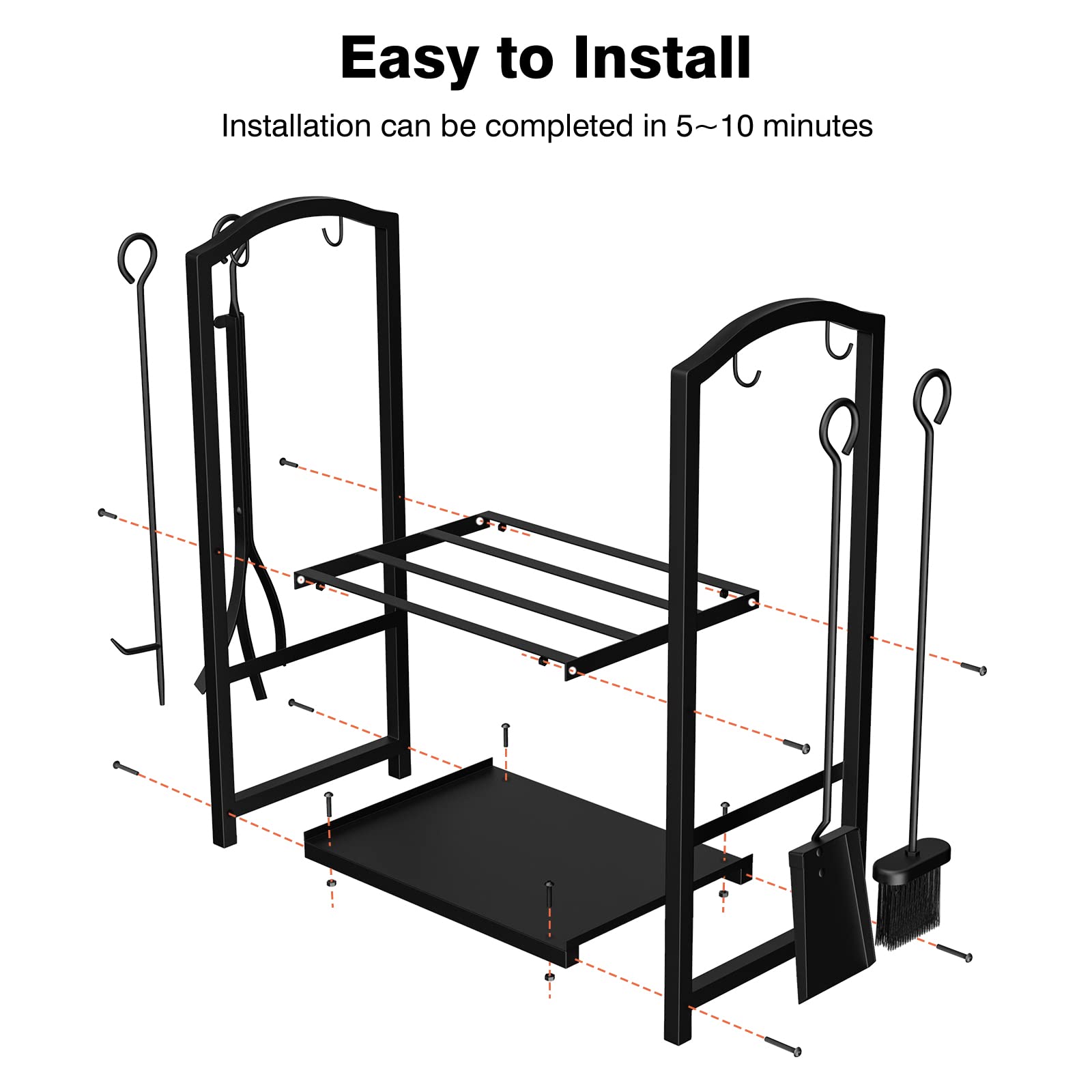GASPRO Firewood Rack Indoor, 5 Pcs Wrought Iron Fireplace Tools and Log Holder for Fireplace, Wood Stove, Hearth, Fire Pit, Sturdy and Easy to Assemble