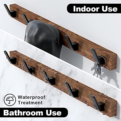 IURRDOP Black Walnut Wood Wall Mount Coat Rack with 5 Hooks, Adhesive Mounted Rustic Decorative Entryway Hooks, Mid Century Modern Natural Wooden Pegs for Hanging Coat Clothes Hat Bag Purse and Towel