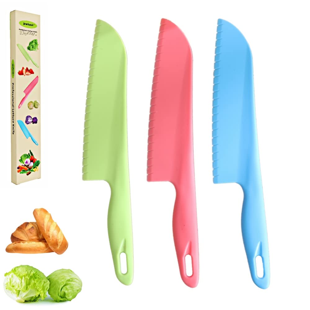 jawbush Professional Lettuce Knife to Prevent Browning, 11" Plastic Serrated Knives for Veggie, Fruit, Cake, Salad, Chef Knife for Cooking and Cutting - Safe & Durable Nylon Knife Set, 3 Pieces