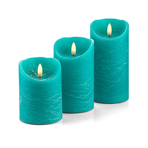 Set of 3 Realistic Flameless Turquoise LED Candles with Remote Control - 4'' 5'' 6'' Electric Wickless Pillar Battery Operated Candles with Flickering Flame Timer