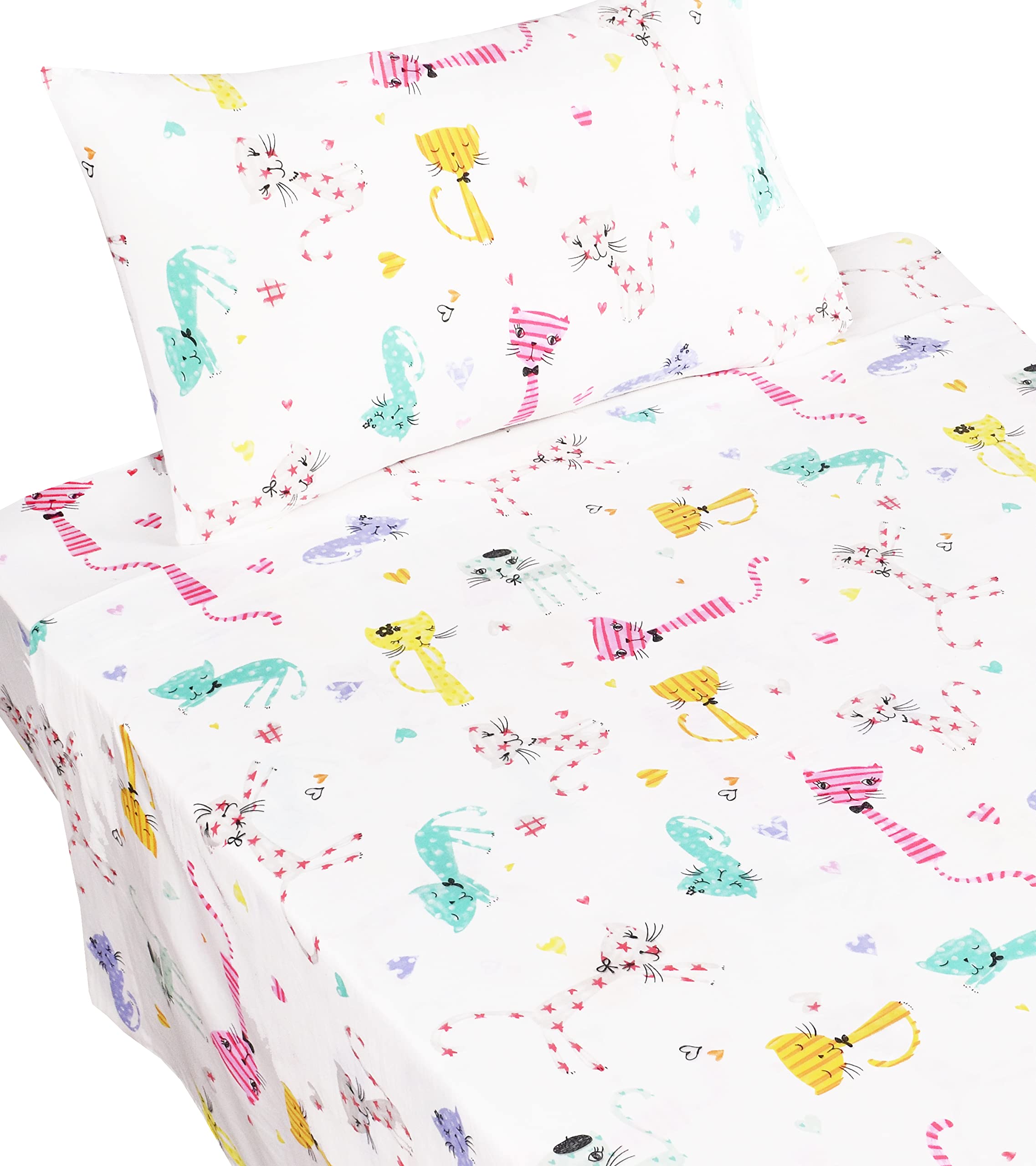 Scientific Sleep Kitty Cats Cute Fun Soft Sheets Set Twin, Fitted Sheet with 14" Inch Deep Pocket, 95 GSM 100% Microfiber Polyester Bedding Sheet Set for Boys Girls Teen Kids Gift (6, Twin)