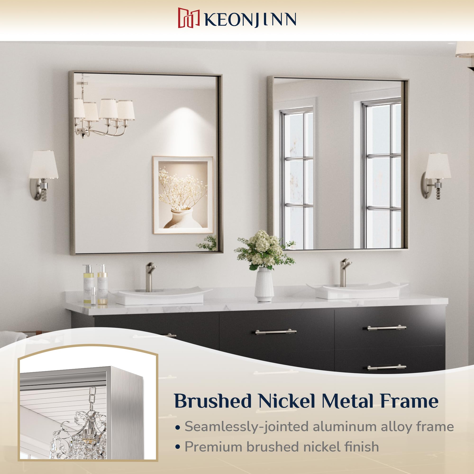 Keonjinn 30 x 36 in Brushed Nickel Bathroom Mirror for Over Sink, Rectangular Silver Metal Framed Rectangular Vanity Wall Mirror Square Corner Modern Farmhouse Rectangle Mirror(Horizontal/Vertical)