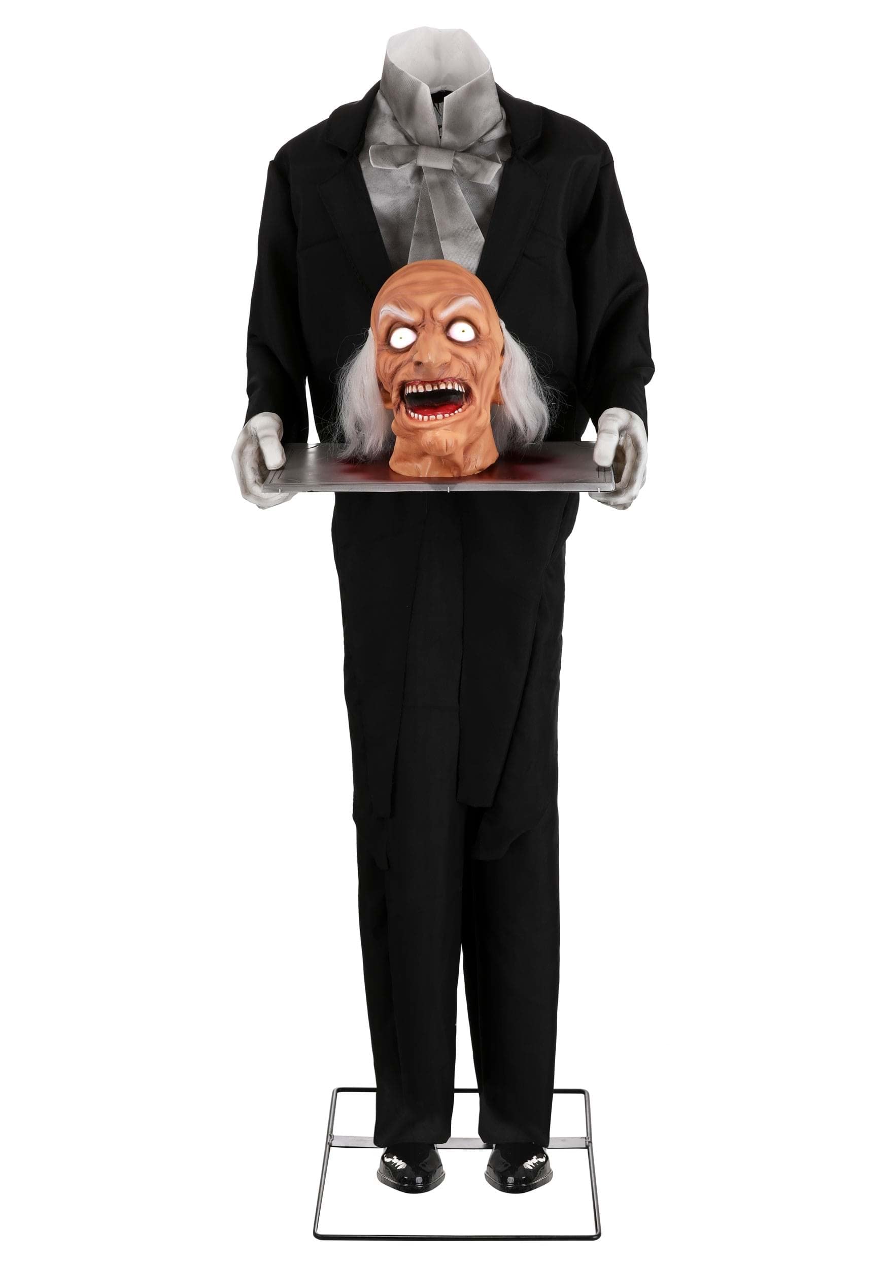 Fun Costumes 5ft Black Head on a Platter Butler Animated Outdoor Decoration, Zombie Maid Light-Up Eyes Adjustable Volume Decor Standard