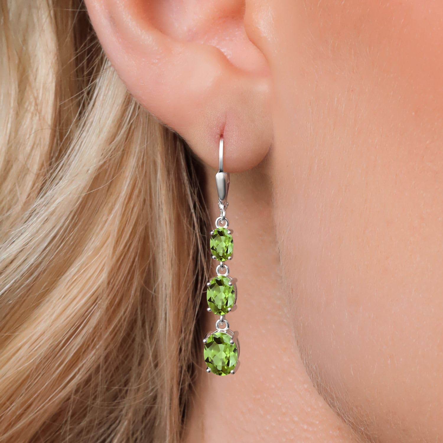 Gem Stone King 925 Sterling Silver Gemstone Birthstone 3-Stone Drop Dangle Earrings | Oval 8X6MM 7X5MM and 6X4MM | Three Stone Leverback Earrings For Women