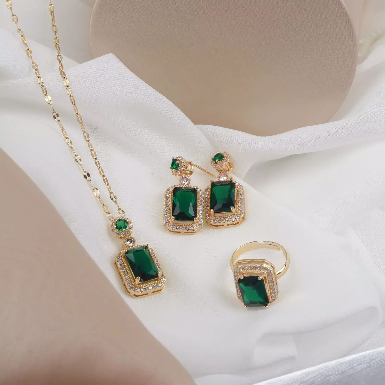 Emerald Zircon Necklace Ring earRing jewelry set