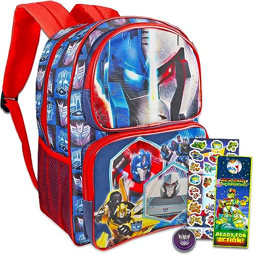 Screen Legends Transformers Backpack for Kids - Bundle with 16" Transformers Backpack Plus Stickers, Keychain, More | Transformers School Bag for Boys