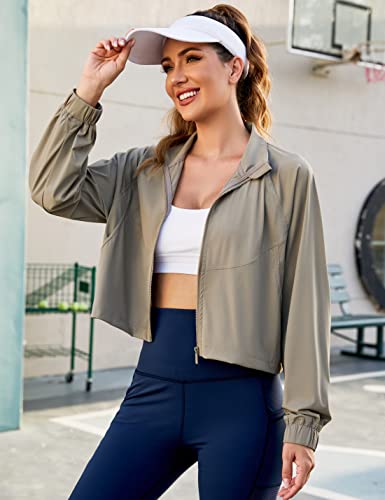 UANEO Womens Athletic Cropped Jacket Sun Protection Zip Up Long Sleeve Workout Tops Gym Sports Jackets (Tan-M)